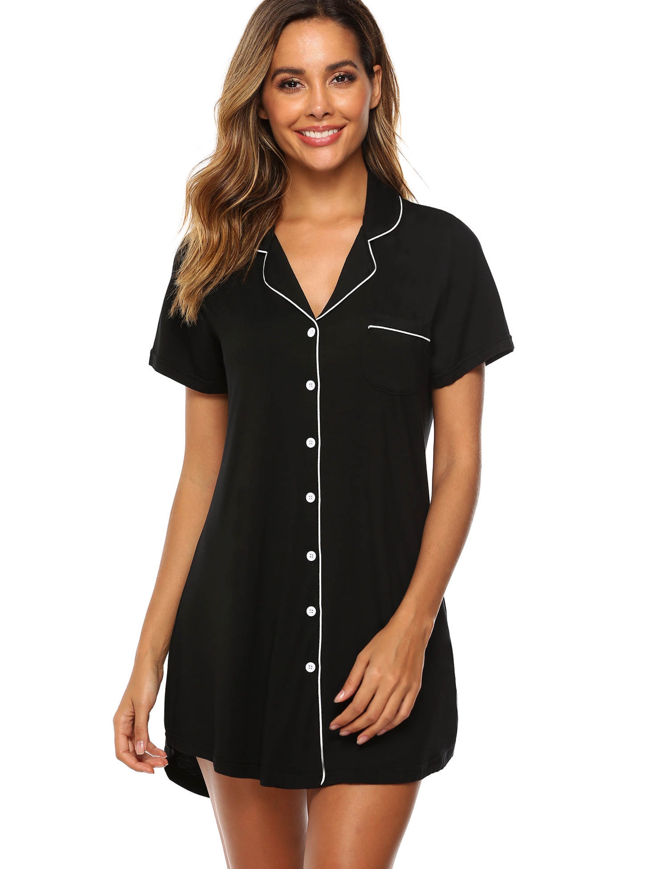 Short Sleeve Nightie - Black – Bamboo Sleeps